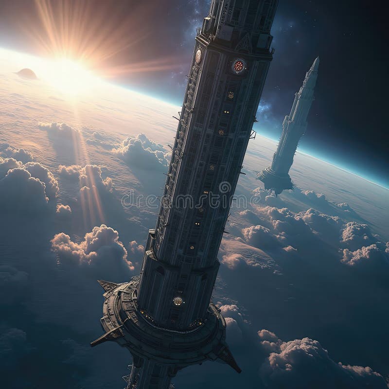 A Magnificent Space Elevator Rises Above Earth, Showcasing Intricate ...