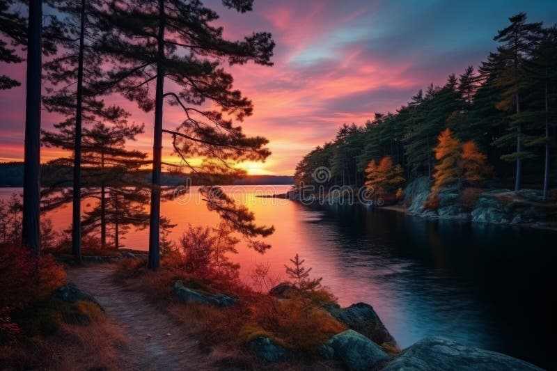 Magnificent Sunset Scenery of Lake and Road with Spectacular Dusk Sky ...