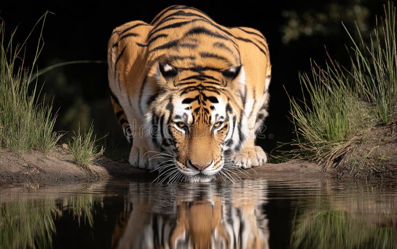 Striking Tiger Posing Near Water with Reflection, Majestic, Powerful ...