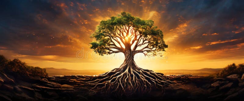 Majestic Tree with Sprawling Roots in Golden Sunset Landscape Stock ...