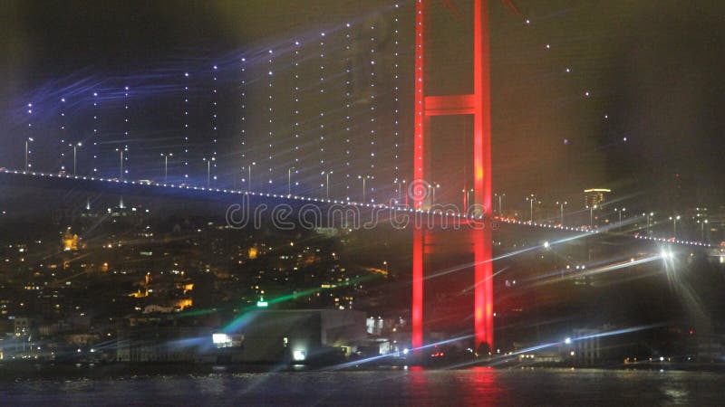 Magnificent View of the Bridge. Visual Feast with Blue and Red Lights ...