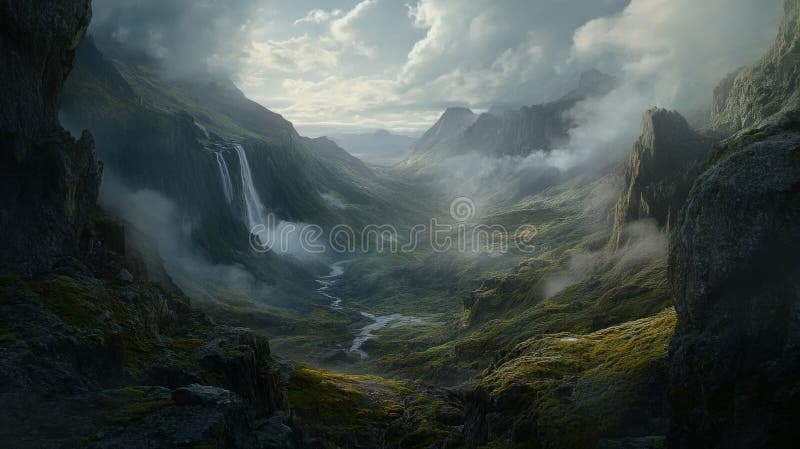 A Magnificent Waterfall Flowing Down the Verdant Slopes Stock Photo ...