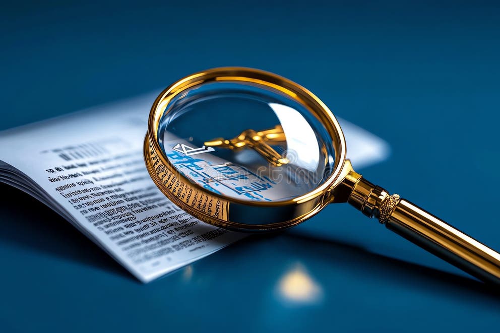 Magnified Document Inspection on Simple Blue Background Stock Photo ...