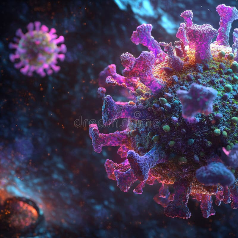 Magnified View of Colorful Viruses Showcasing Intricate Structures and ...