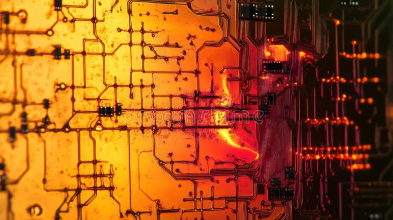 A Magnified View of a Computer Chip with Circuit Pathways Glowing ...