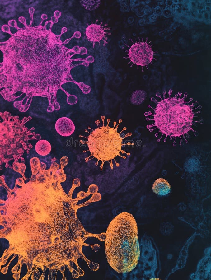 Magnified View of Vibrant Viruses Showcasing Intricate Structures and ...