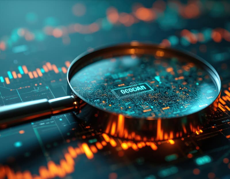 Magnifier Analyzes Digital Finance Diagram Data. Investment, Trading ...