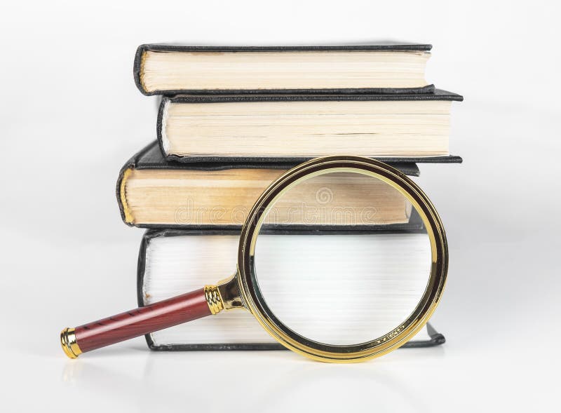 Magnifier and Books Stack. Concept of Knowledge, Academic Research and ...