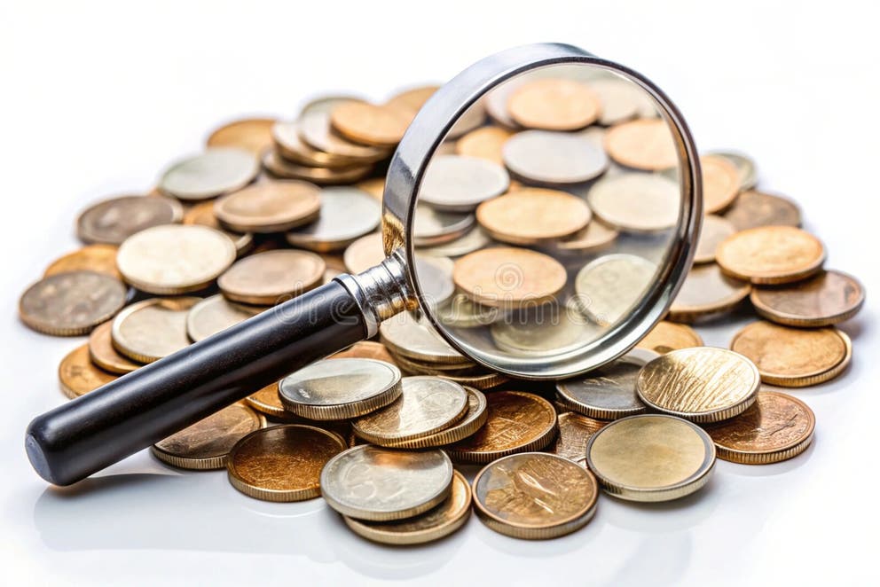 Magnifier and Coins on a White Background. Selective Focus Stock ...
