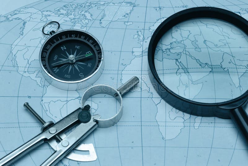 Magnifier , Compass and Map Stock Image - Image of instrument, concepts ...