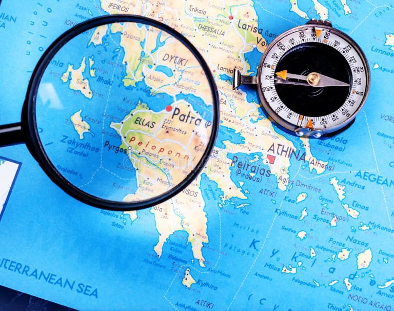 Magnifier and Compass on a Map Stock Image - Image of adventure, atlas ...