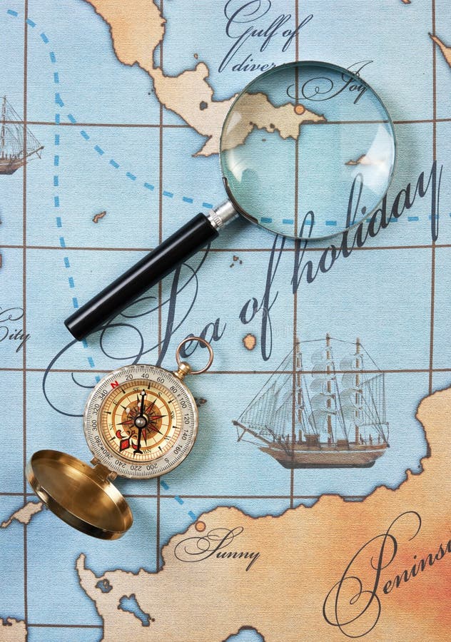 Magnifier and Compass on Map Stock Image - Image of geography, camping ...