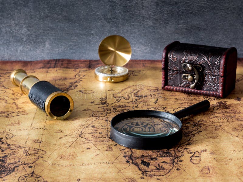 Magnifier and Compass on a Stylized Map Stock Image - Image of east ...