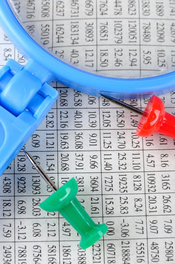Magnifier, Drawing Pin and Data Sheet Stock Photo - Image of color ...