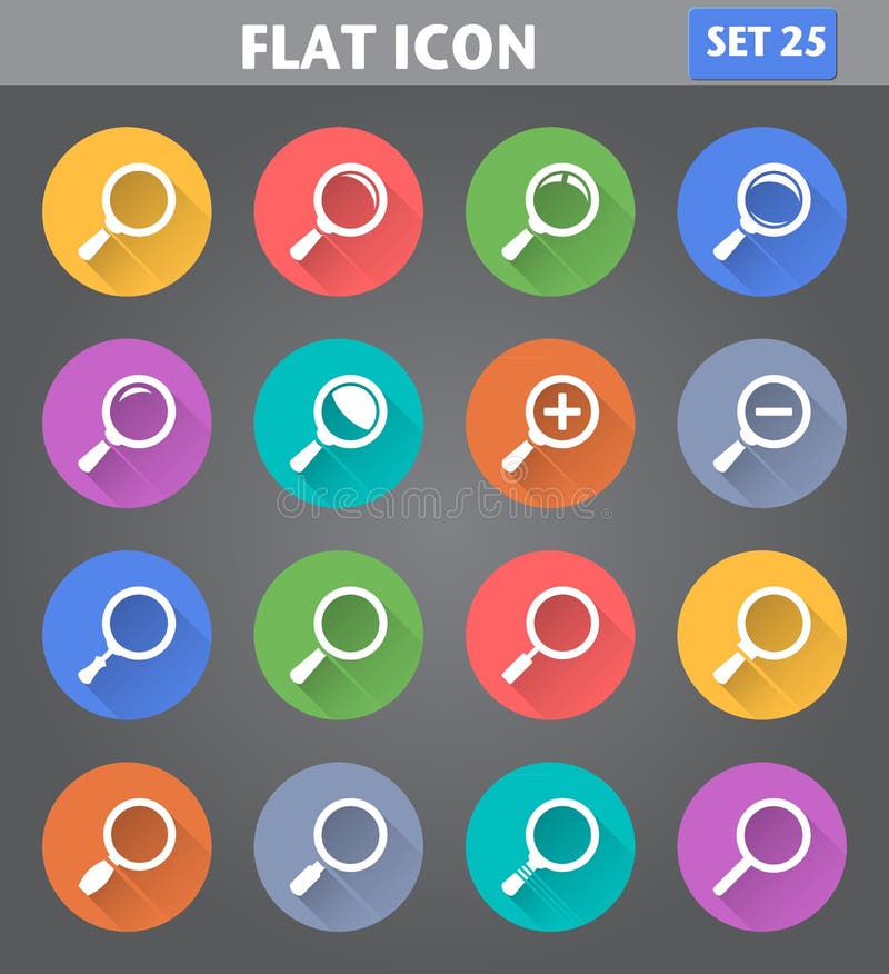 Magnifier Glass and Zoom Icons Set in Flat Style with Long Shadows. Stock Vector - Illustration ...