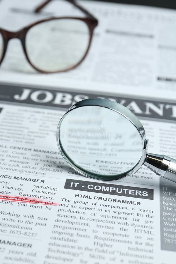 Magnifier and Glasses on Newspaper. Job Search Concept Stock Image ...