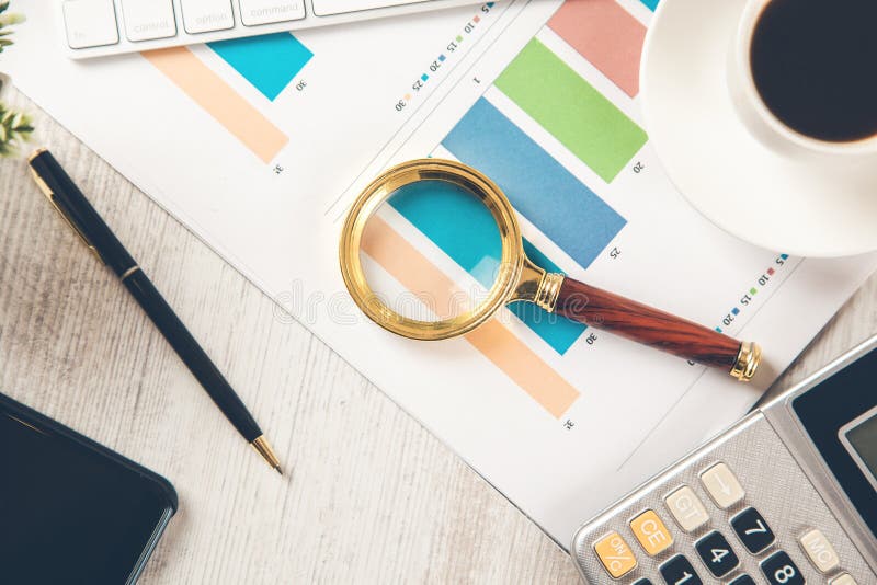 Magnifier on Graph on Working Desk Stock Image - Image of report ...