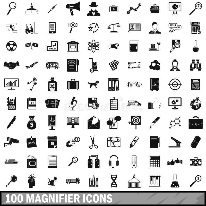 100 Magnifier Icons Set, Simple Style Stock Vector - Illustration of ...
