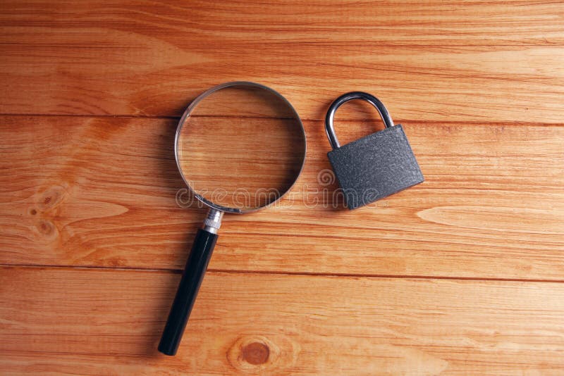 Magnifier and lock stock image. Image of padlock, design - 238241243