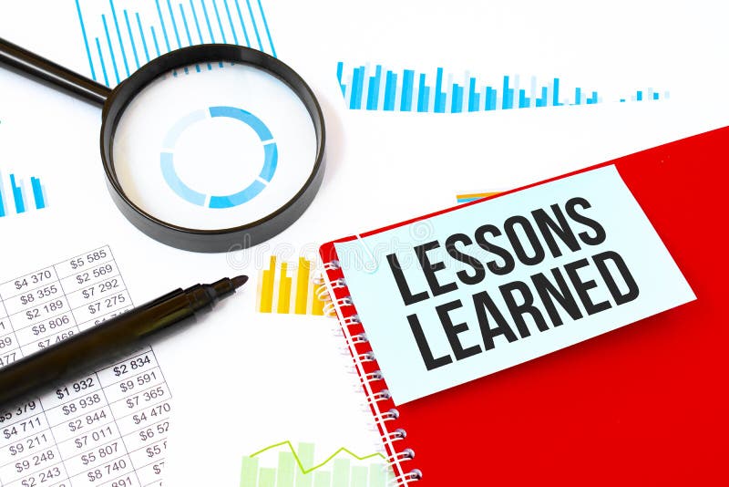 Magnifier,marker and Red Notebook with White Card. Text LESSONS LEARNED ...