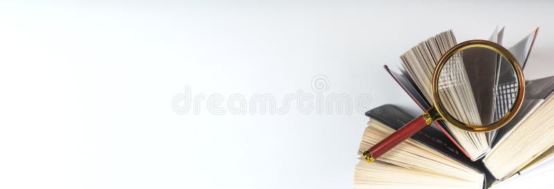 Magnifier Over Open Books. Banner with Copy Space Stock Photo - Image ...