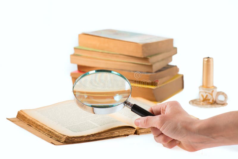 Magnifier Search of Old Books Stock Photo - Image of search, magnifying ...