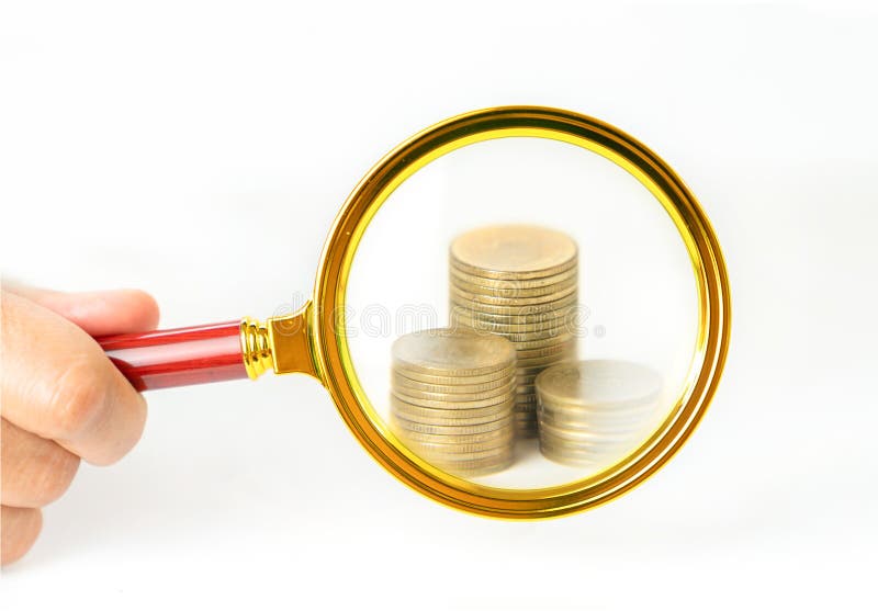 Magnifier Zoom Money Stack of Coins Isolate on White Background Stock ...