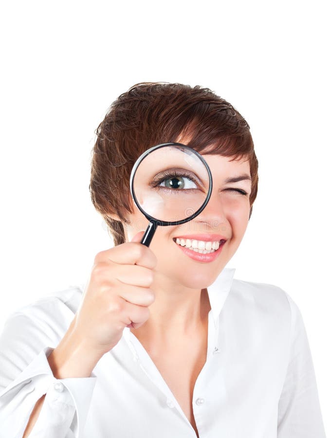 Surprised Woman Looking through the Magnifying Glass Downwards Stock ...