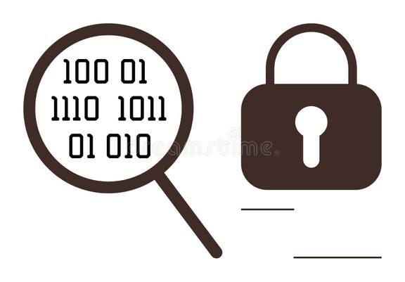 Magnifying Glass Analyzing Binary Code Next To Secured Padlock Stock ...