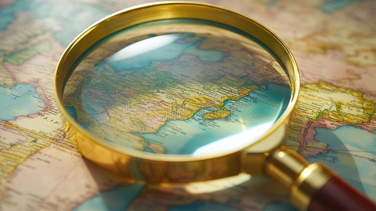 Magnifying Glass on Antique World Map, Exploring Destinations, Sunlight ...
