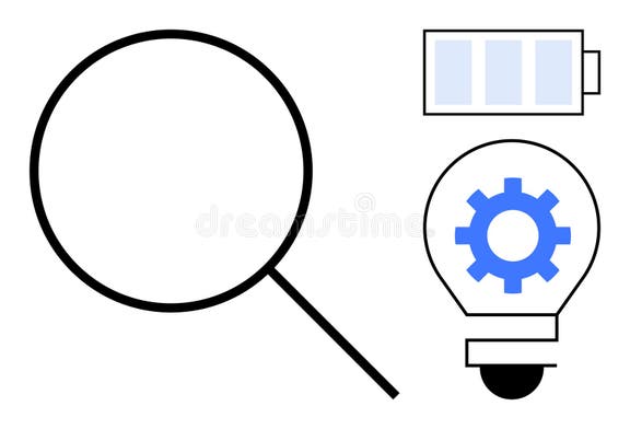 Magnifying Glass, Battery, and Lightbulb with Gear Signifying ...