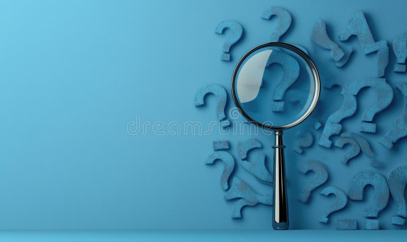 Magnifying Glass on Blue Background with Question Marks Representing ...