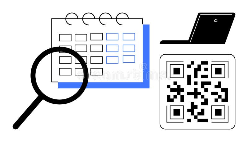 Magnifying Glass with Calendar, Laptop, and QR Code Representing ...