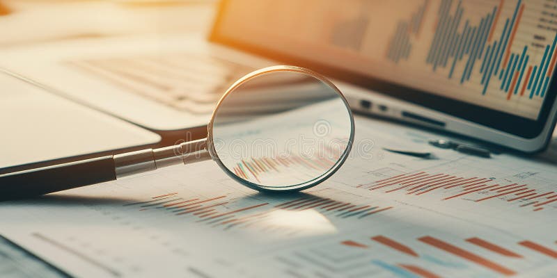 Magnifying glass on charts stock illustration. Illustration of inspect ...