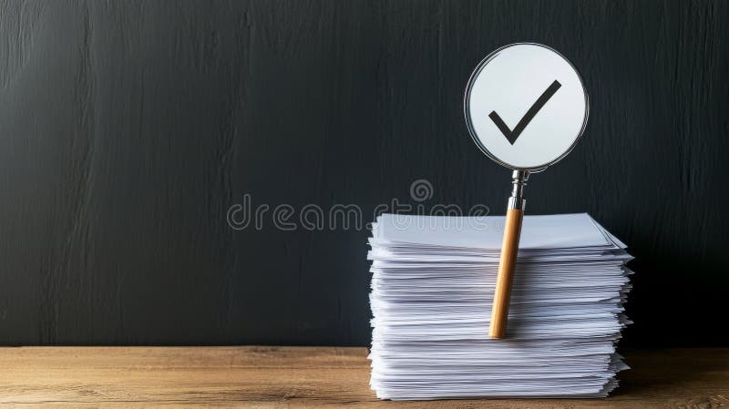 Magnifying Glass Checkmark on Paper Stack, Document Review, Compliance ...