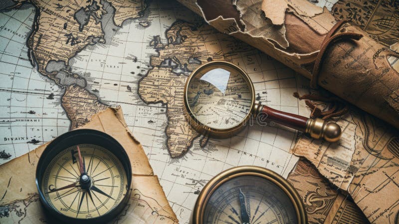 Magnifying Glass, Compass, and Map on Map Stock Photo - Image of ...