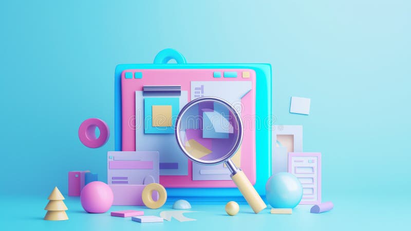 Magnifying Glass and Computer Screen on Blue Background Stock ...