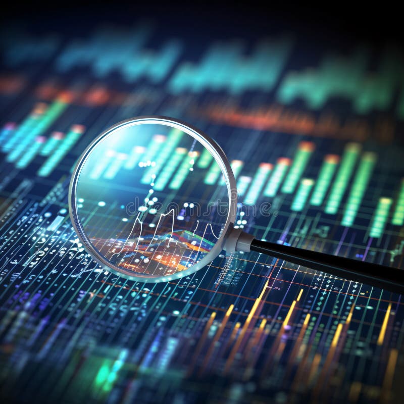 Magnifying Glass on Data Analysis Charts, Close-up of Technology Stock ...