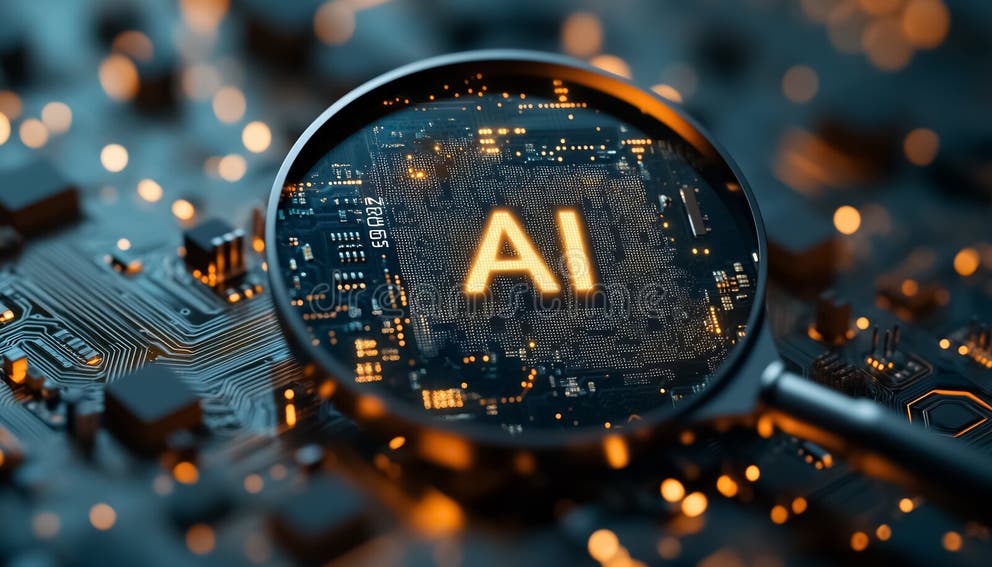 Magnifying Glass by Dedicated AI Microchip Over Circuit Board ...