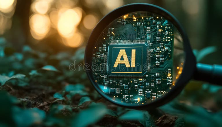 Magnifying Glass by Dedicated AI Microchip Over Circuit Board ...