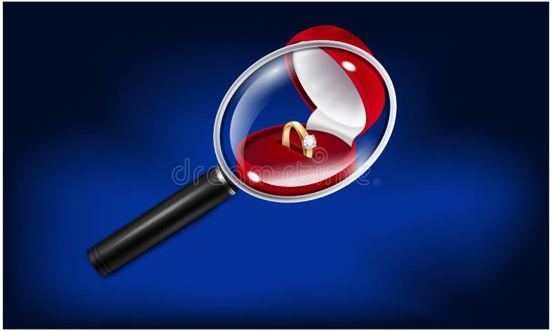 Magnifying Glass with Diamond Ring Box on Abstract Background Stock ...