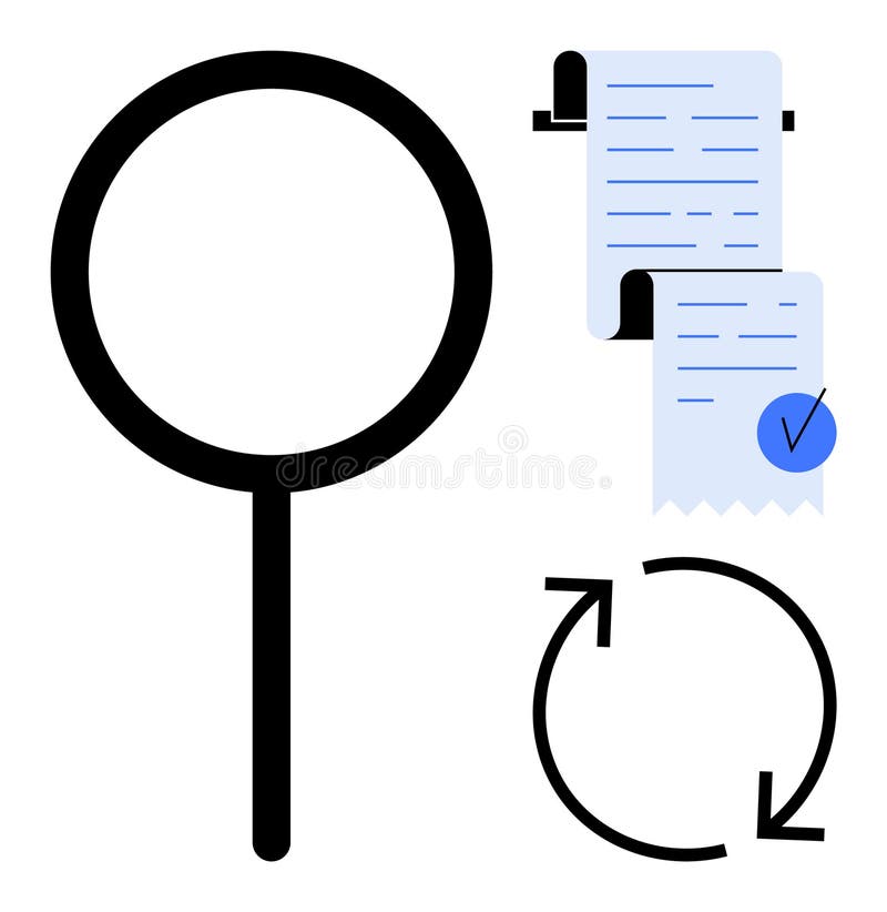 Magnifying Glass and Document with Check Mark Alongside Refresh Icon ...