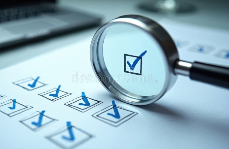 Magnifying Glass on Document with Check Marks Signifies Document Verification, Compliance ...