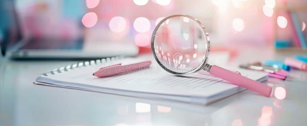 Magnifying Glass on Documents with Pink Pen in Brightly Lit Workspace ...