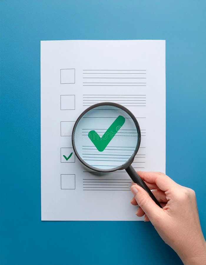 A Magnifying Glass Enlarges a Checkmark on a Checklist with Five Items ...