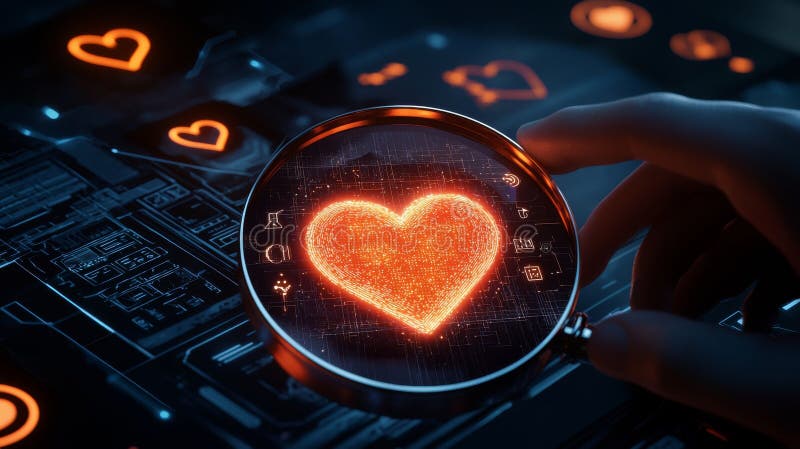 A Magnifying Glass Enlarges a Glowing Heart Icon on a Digital Screen ...