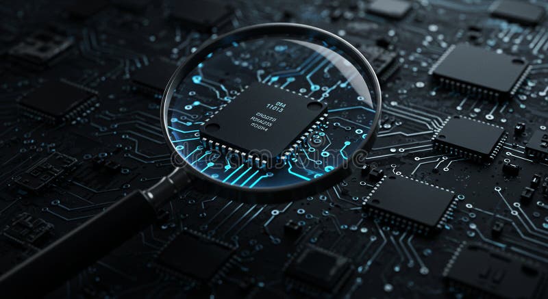 A Magnifying Glass Enlarges the View of a Microchip on a Circuit Board ...