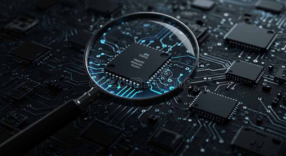 A Magnifying Glass Enlarges the View of a Microchip on a Circuit Board ...