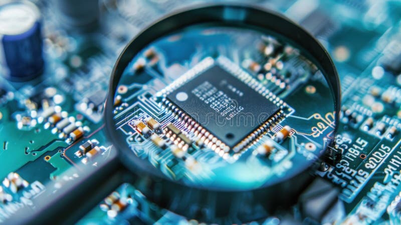 Magnifying Glass Examines an Electronic Component on a Motherboard ...