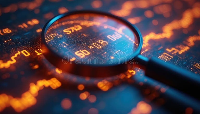 Magnifying Glass Examines Glowing Orange Digital Data on Dark Tech ...